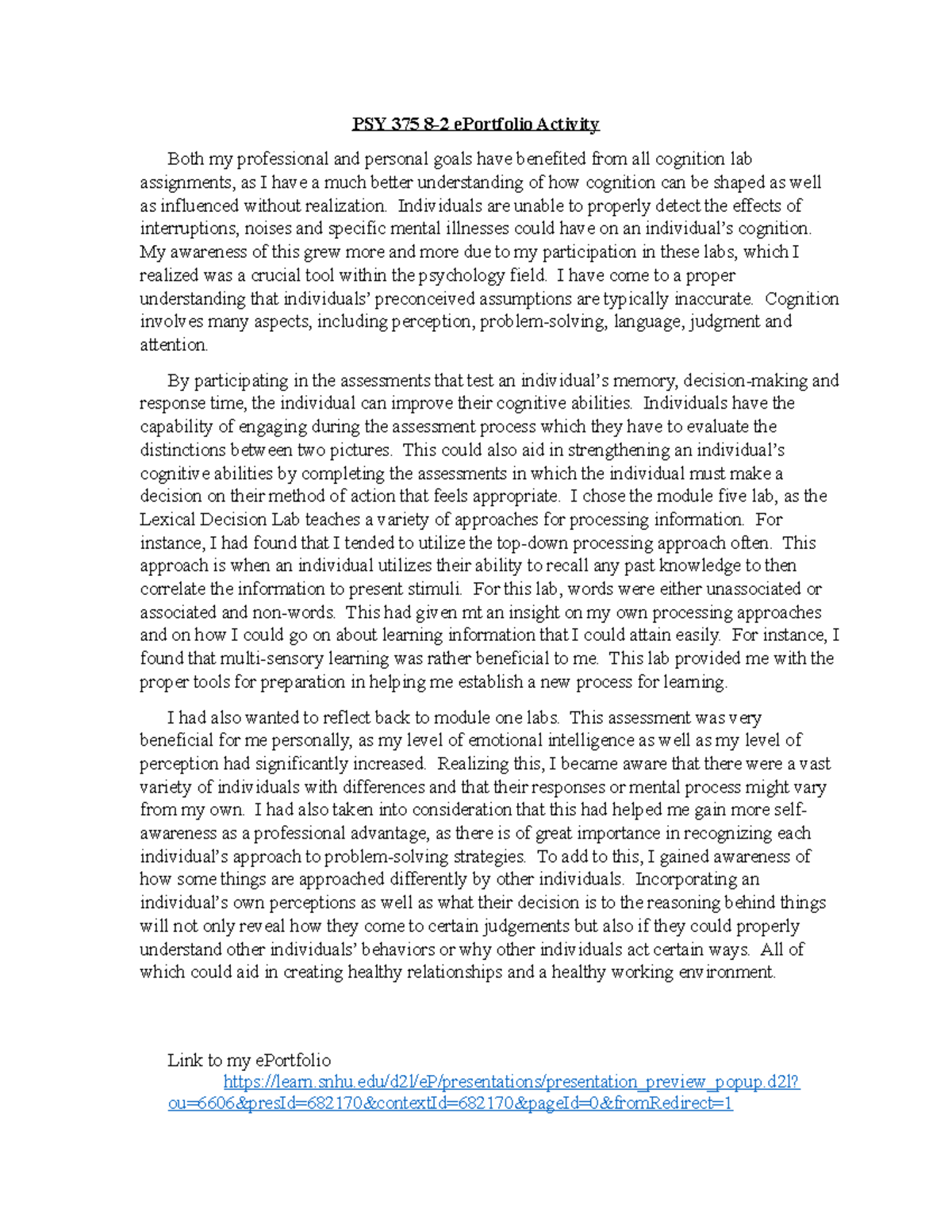 PSY 375 ePortfolio Activity Reflection on Cognition Labs - Studocu