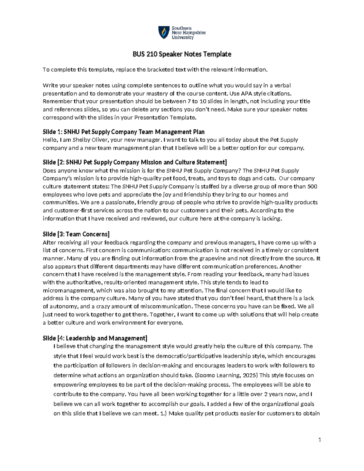 BUS 210 Speaker Notes: Team Management Plan Presentation - Studocu