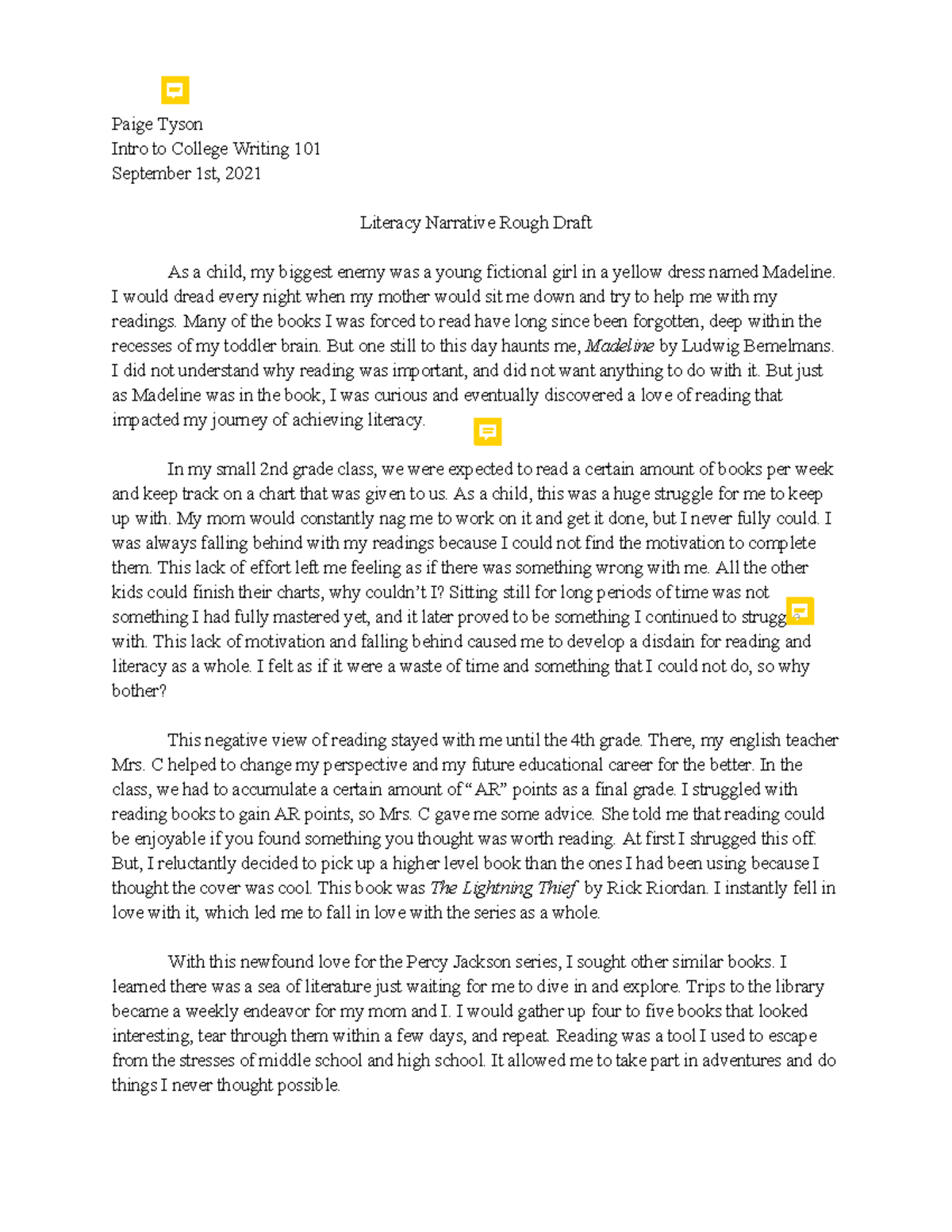 Engl 101 Literacy Narrative PTExample - Paige Tyson Intro to College ...