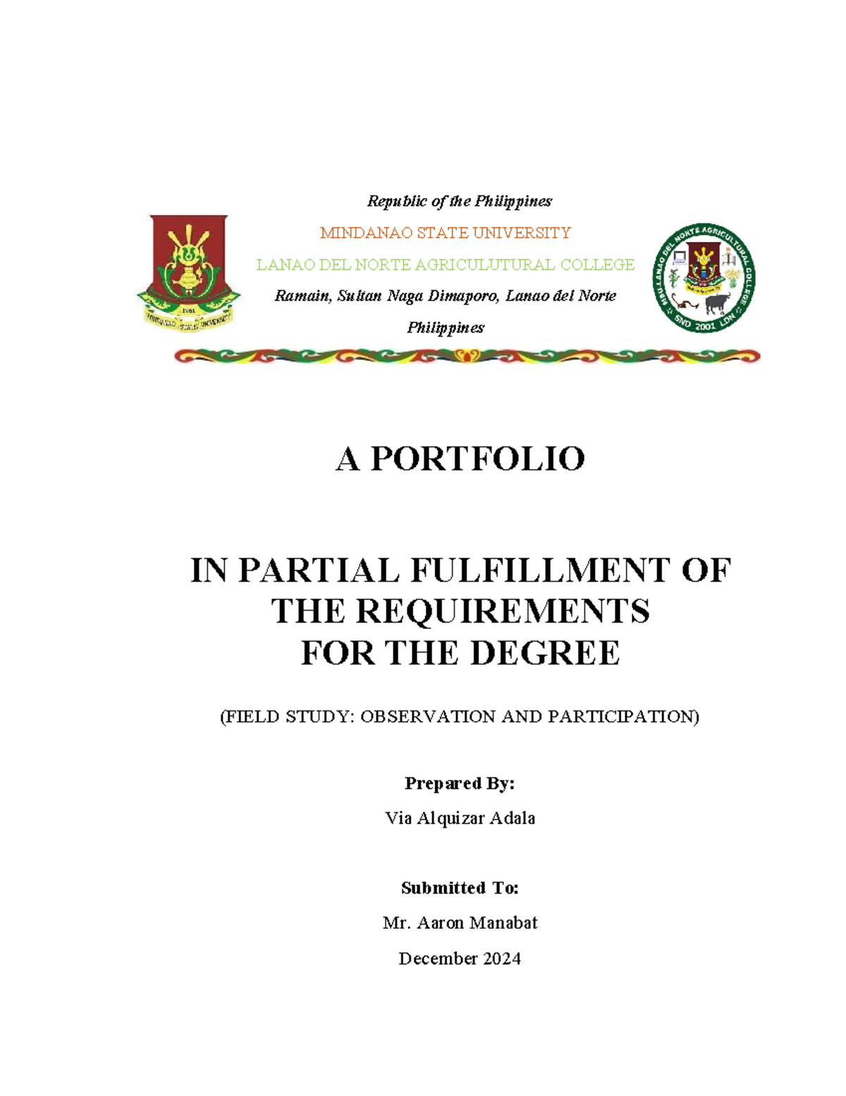 VIA 101: Portfolio for Field Study and Teaching Internship - Studocu