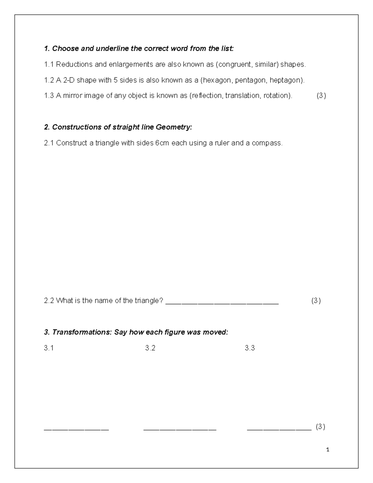 Gr. 7 Math Test: Geometry, Transformations, and Algebra Concepts - Studocu