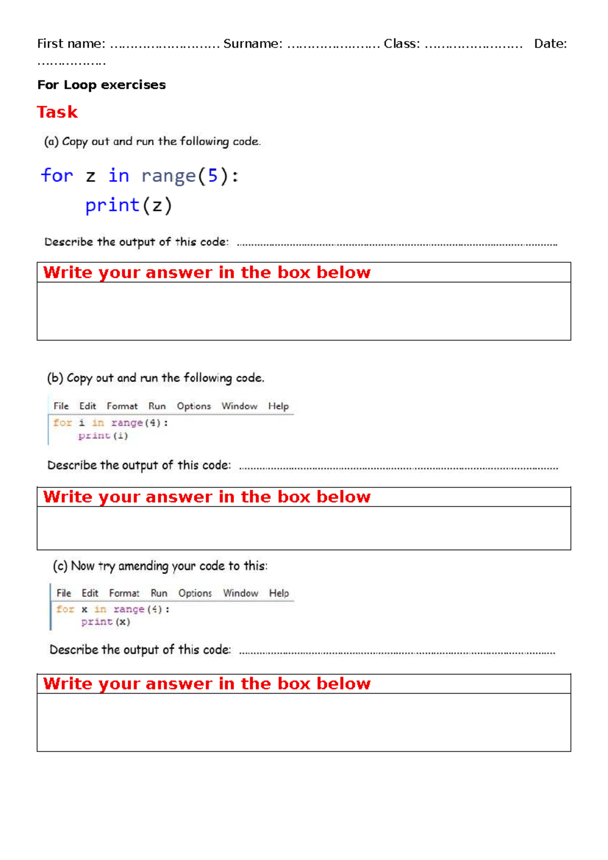 GCSE Python For Loop Exercises: Coding Tasks and Hints - Studocu