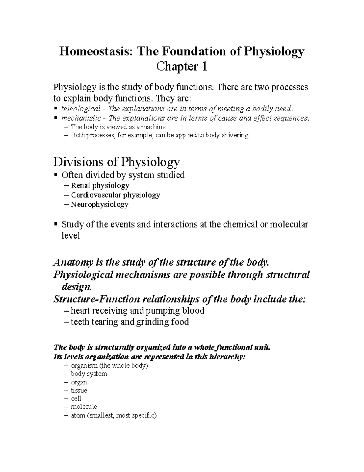 Physiology Study Guide: Homeostasis & Body Systems (Chapter 1) - Studocu