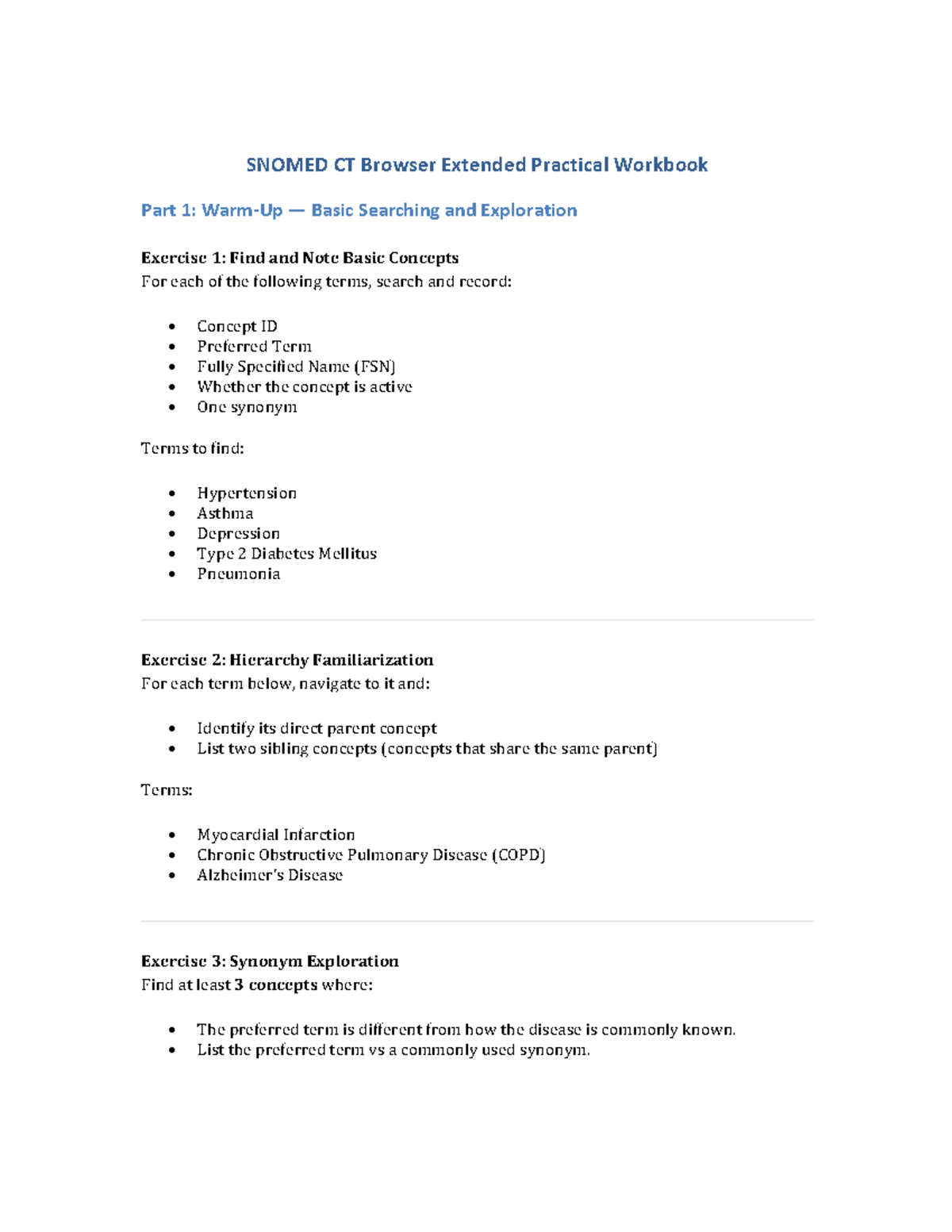 SNOMED CT Practical Workbook Part 1: Basic Searching Exercises - Studocu