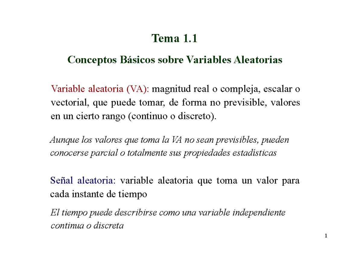 Tema 1 - Conceptos Básicos de Variables Aleatorias y Señales - Studocu