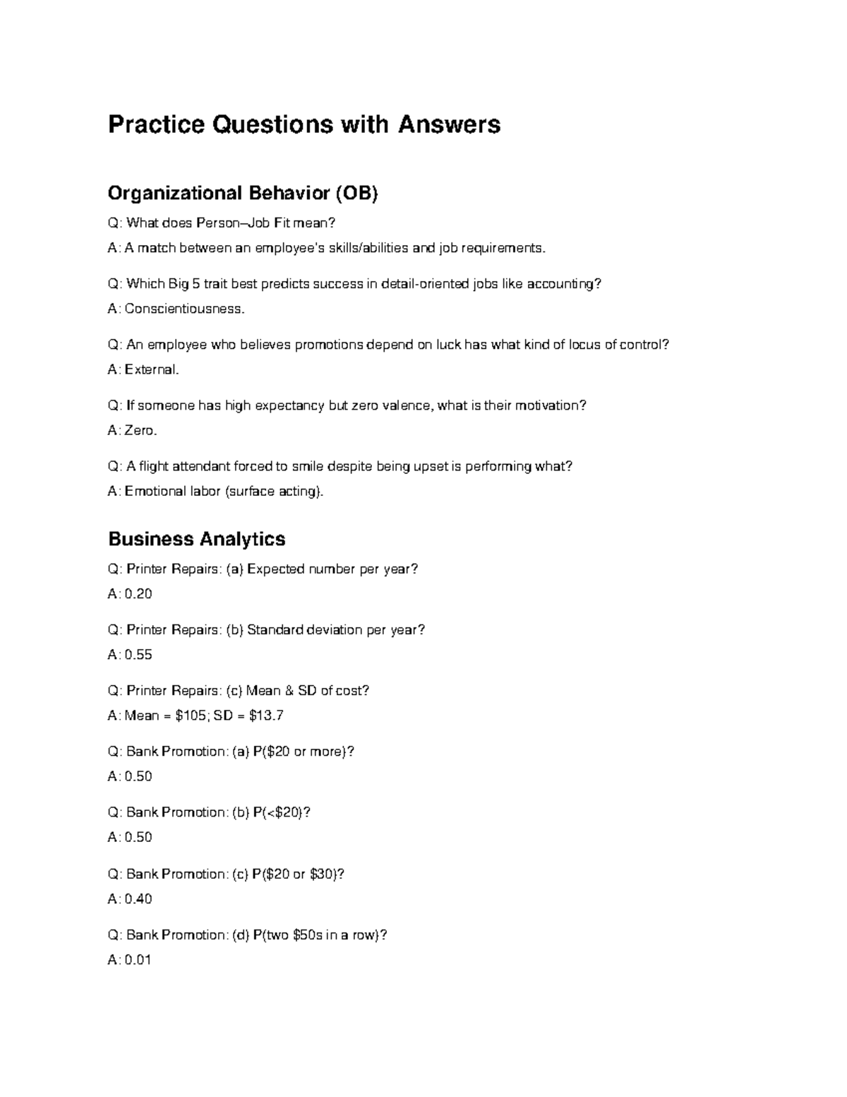 Practice Questions & Answers for OB (Organizational Behavior ...