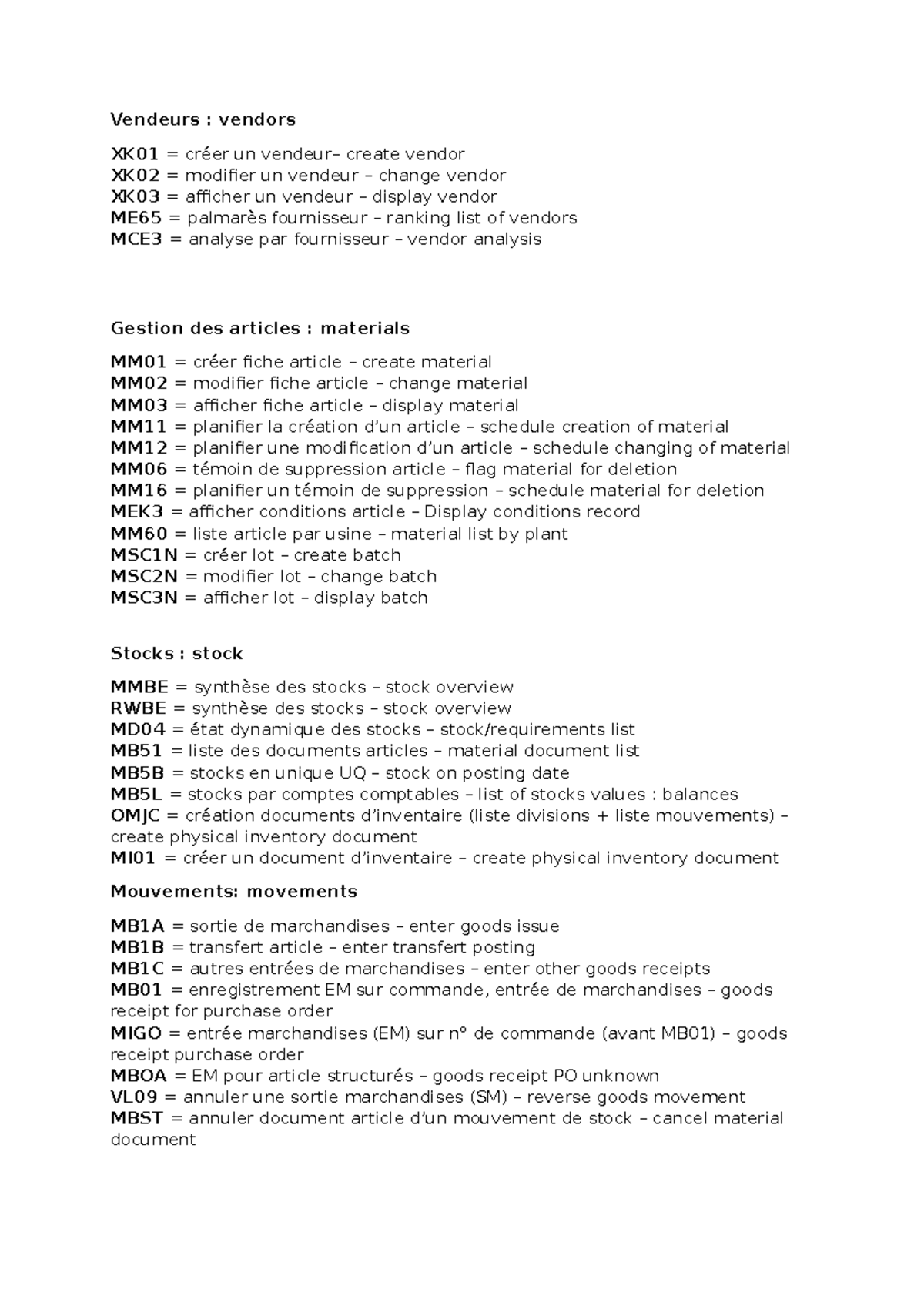 SAP Transactions Guide for Managing Vendors, Materials, and Stocks ...