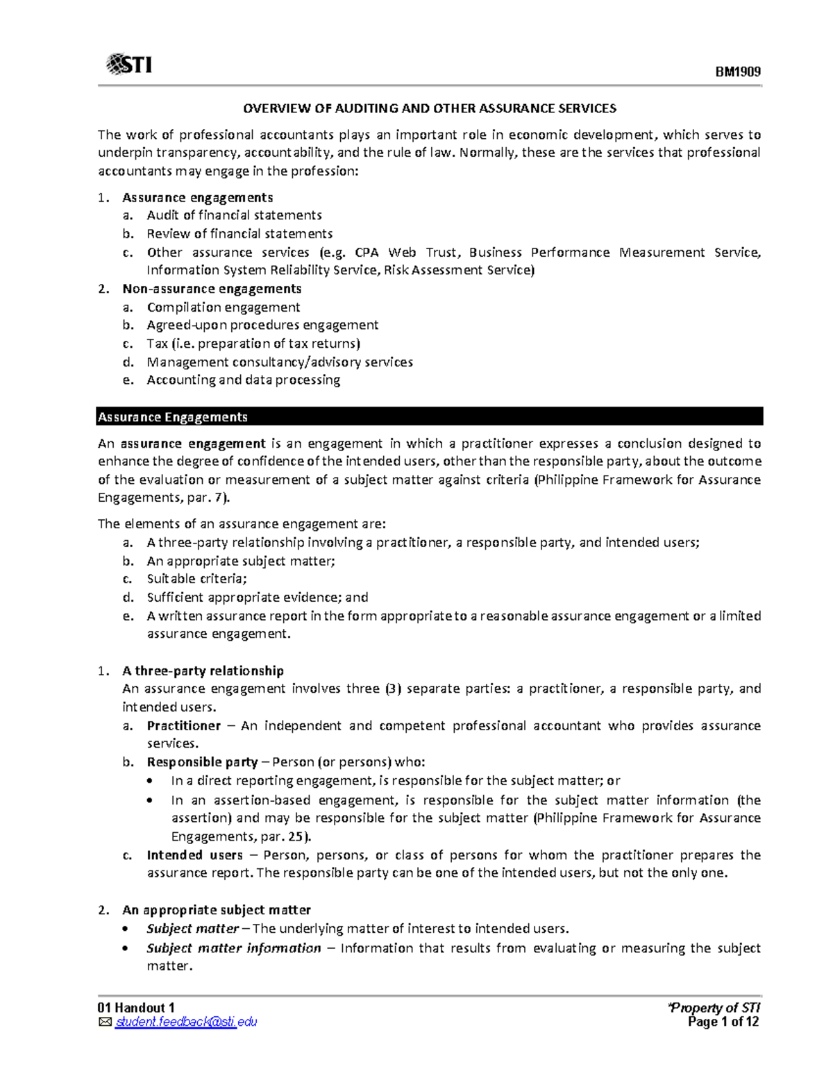 01 Handout 1(2) Audit - 01 Handout 1 *Property of STI OVERVIEW OF AUDITING AND OTHER ASSURANCE ...