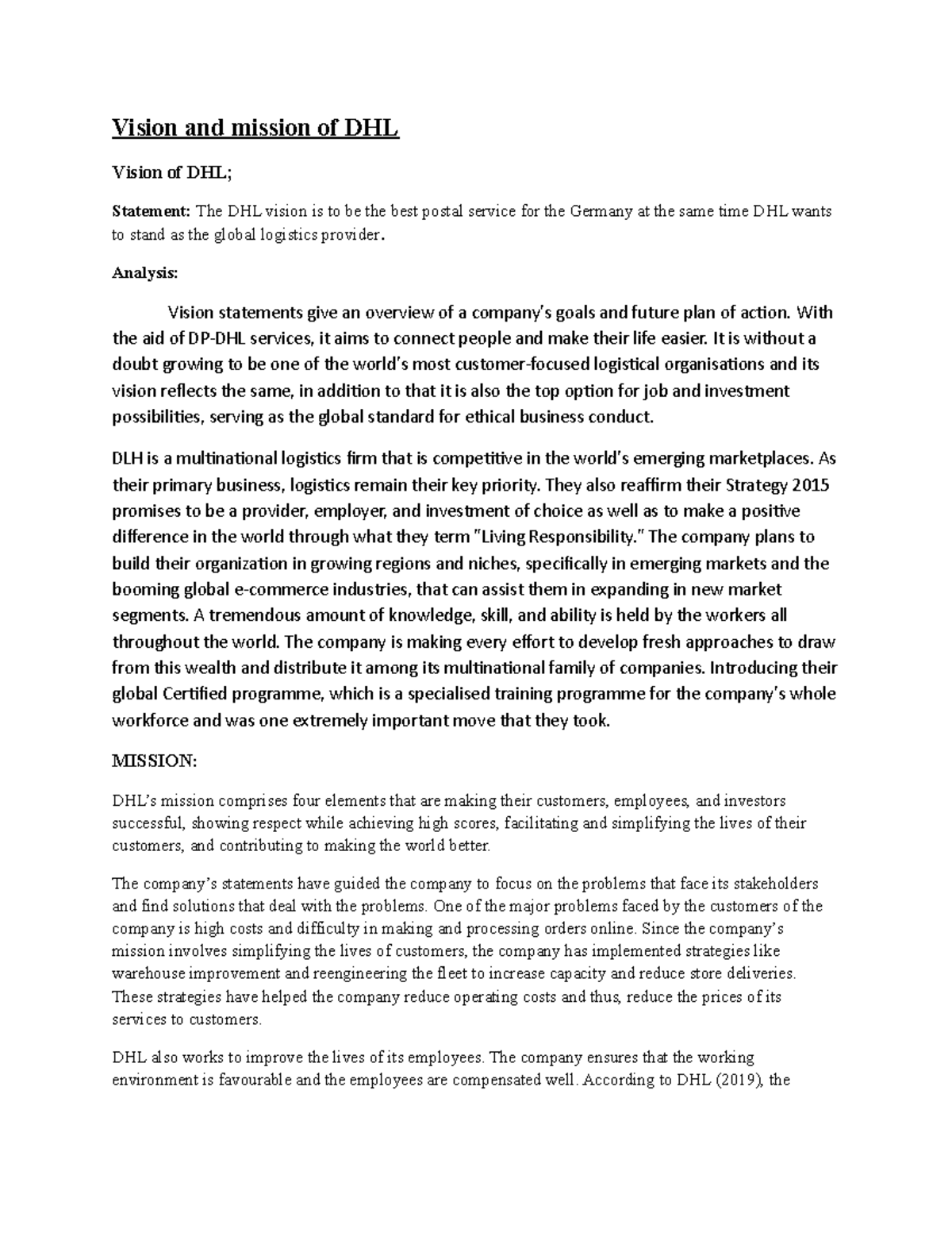 DHL Vision & Mission Overview - Lecture Notes - Studocu