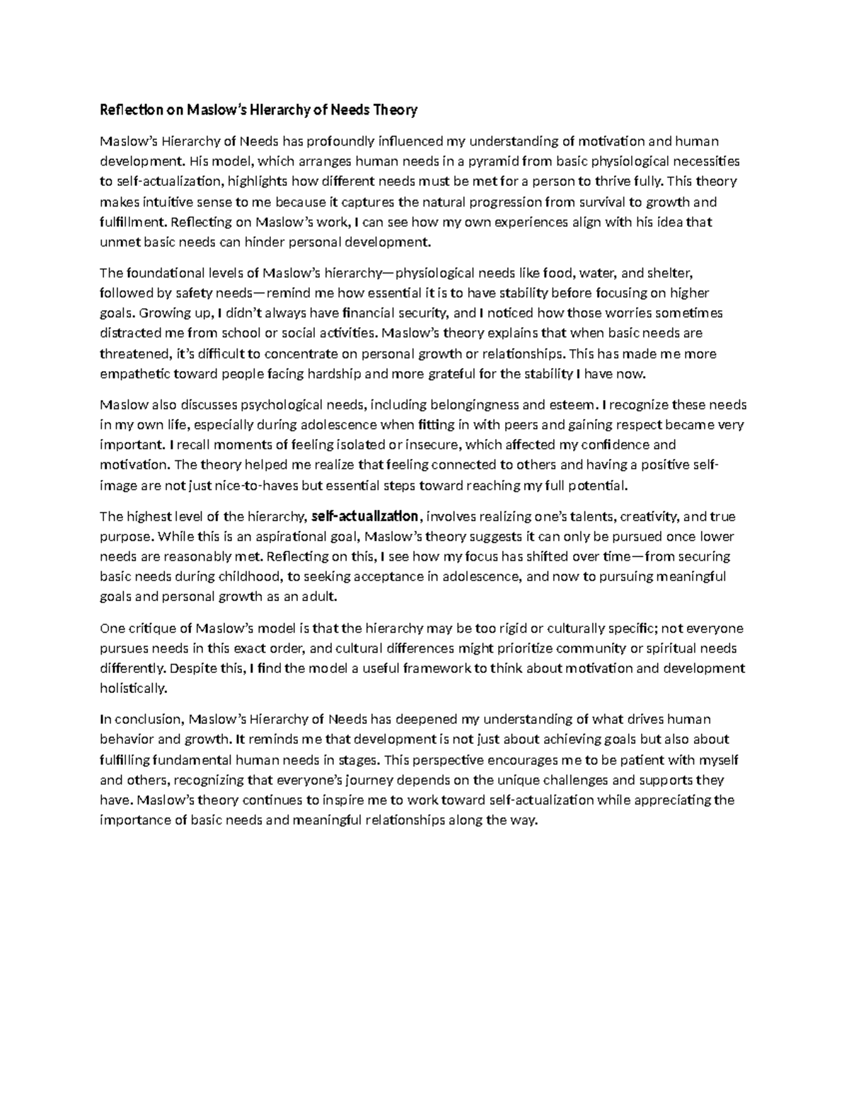 Reflection on Maslow's Hierarchy of Needs Theory - Studocu