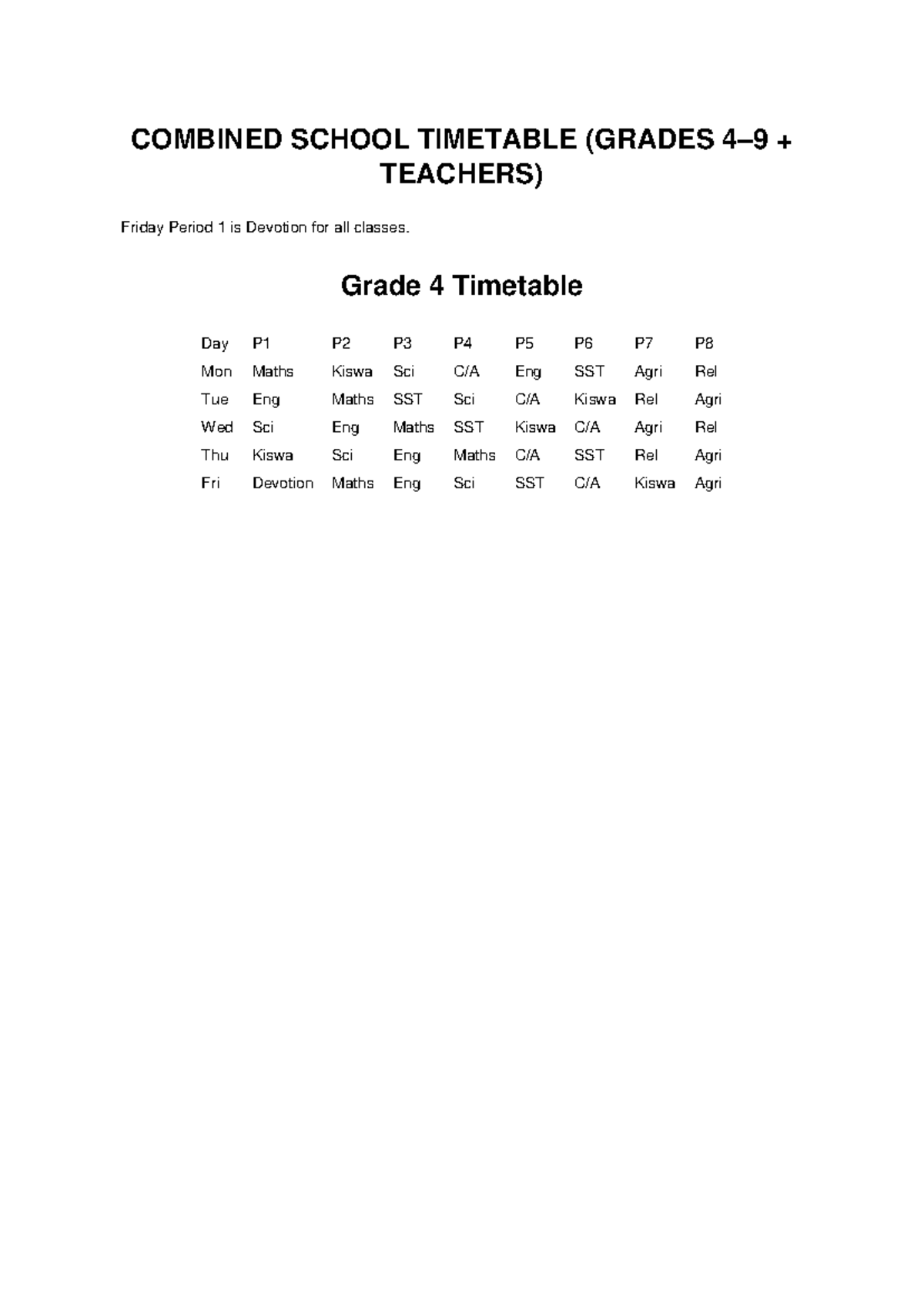 Combined School Timetable for Grades 4-9 and Teachers - Studocu