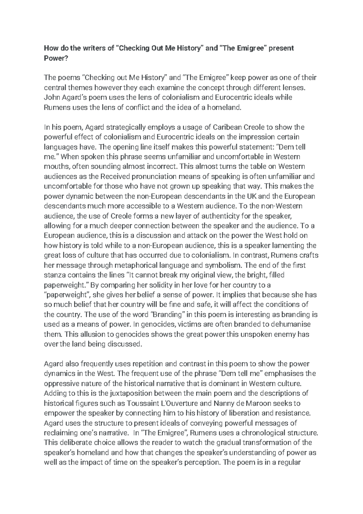 ENG 201: Analysis of Power in "Checking Out Me History" & "The Emigree ...