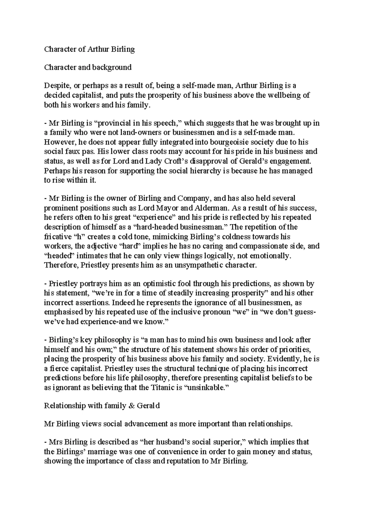 Sheila's Character Analysis in An Inspector Calls - Essay Plan - Studocu