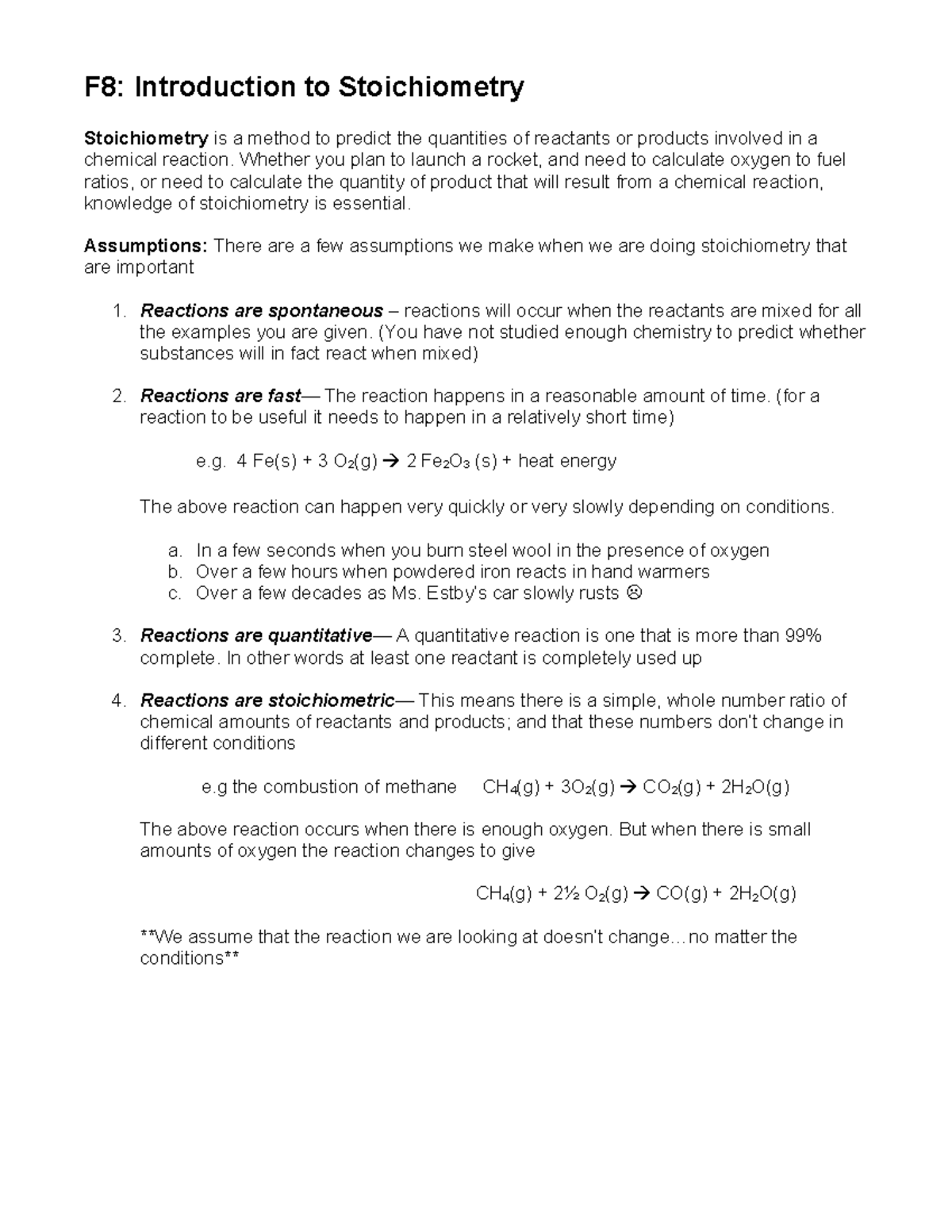 K22 F8: Intro to Stoichiometry - Assignment Notes - Studocu