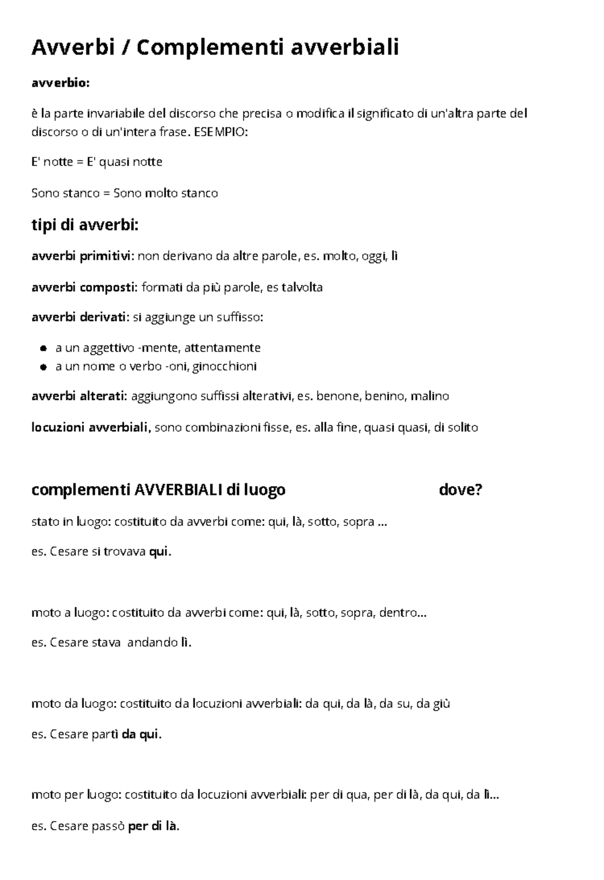 Avverbi e Complementi Avverbiali: Guida Completa per Studenti - Studocu