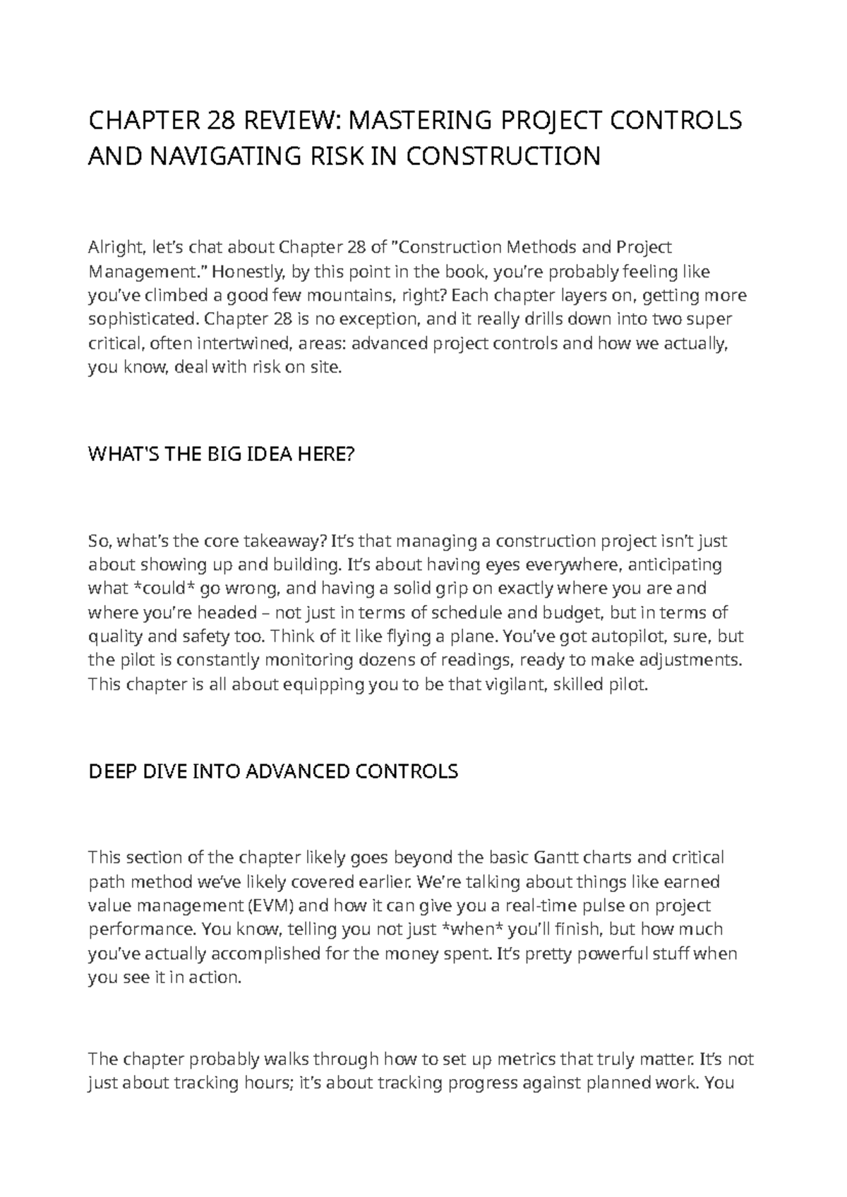 CHAPTER 28 REVIEW: ADVANCED PROJECT CONTROLS & RISK MANAGEMENT - Studocu