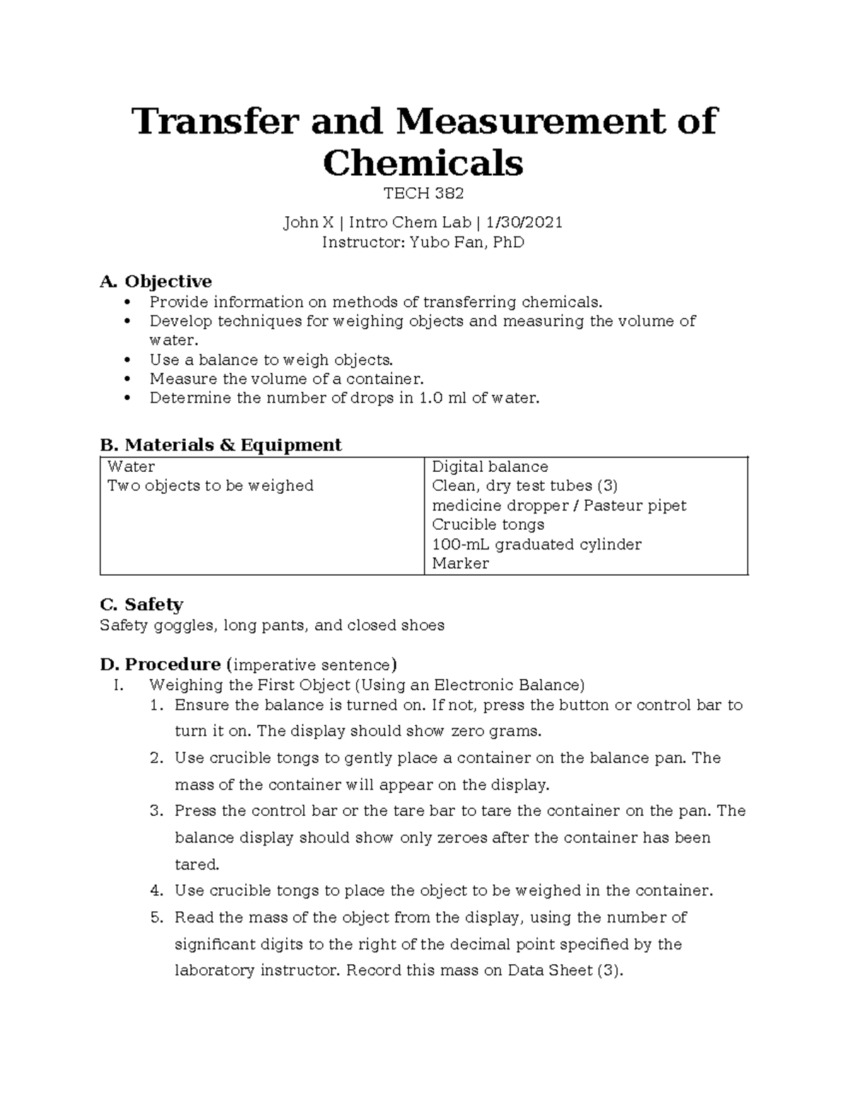 Prelab for TECH 382: Chemical Transfer & Measurement Techniques - Studocu