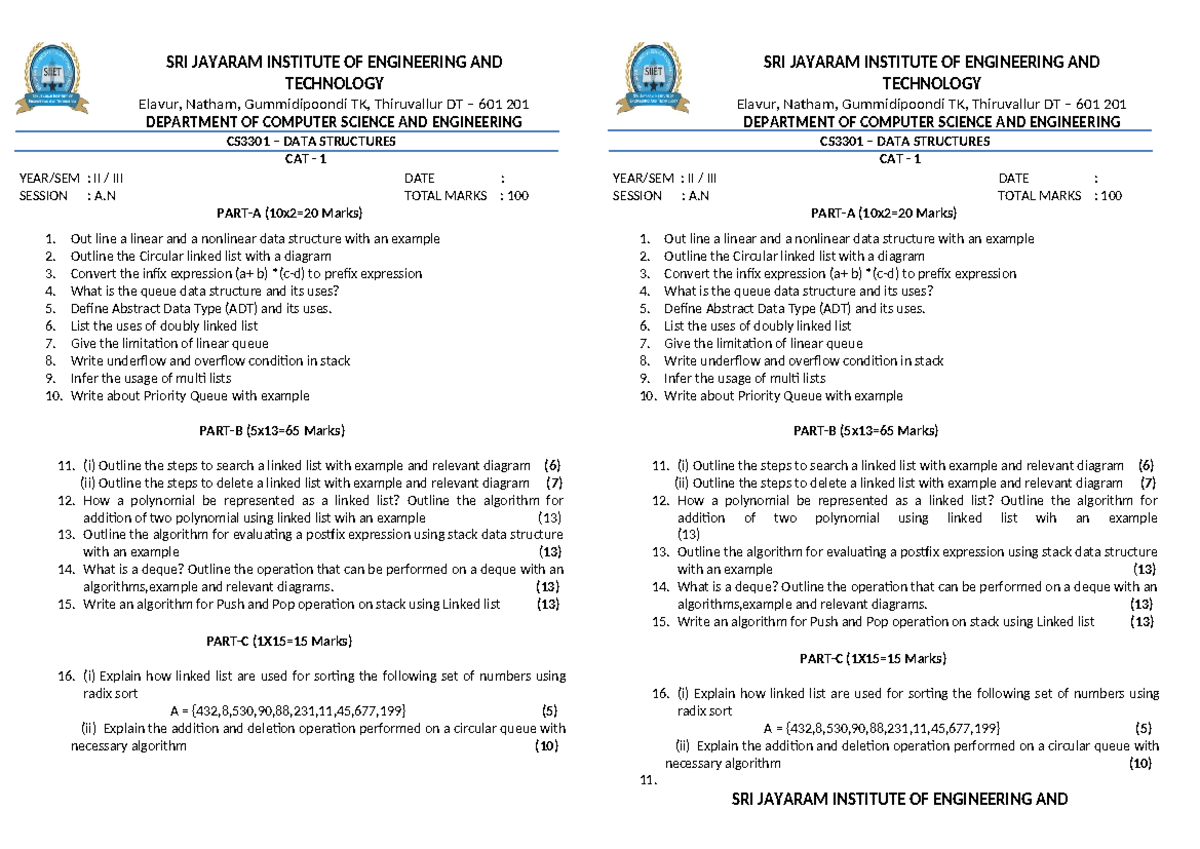 CS3301 DATA STRUCTURES CAT 1 QUESTION PAPER - SRI JAYARAM INSTITUTE ...