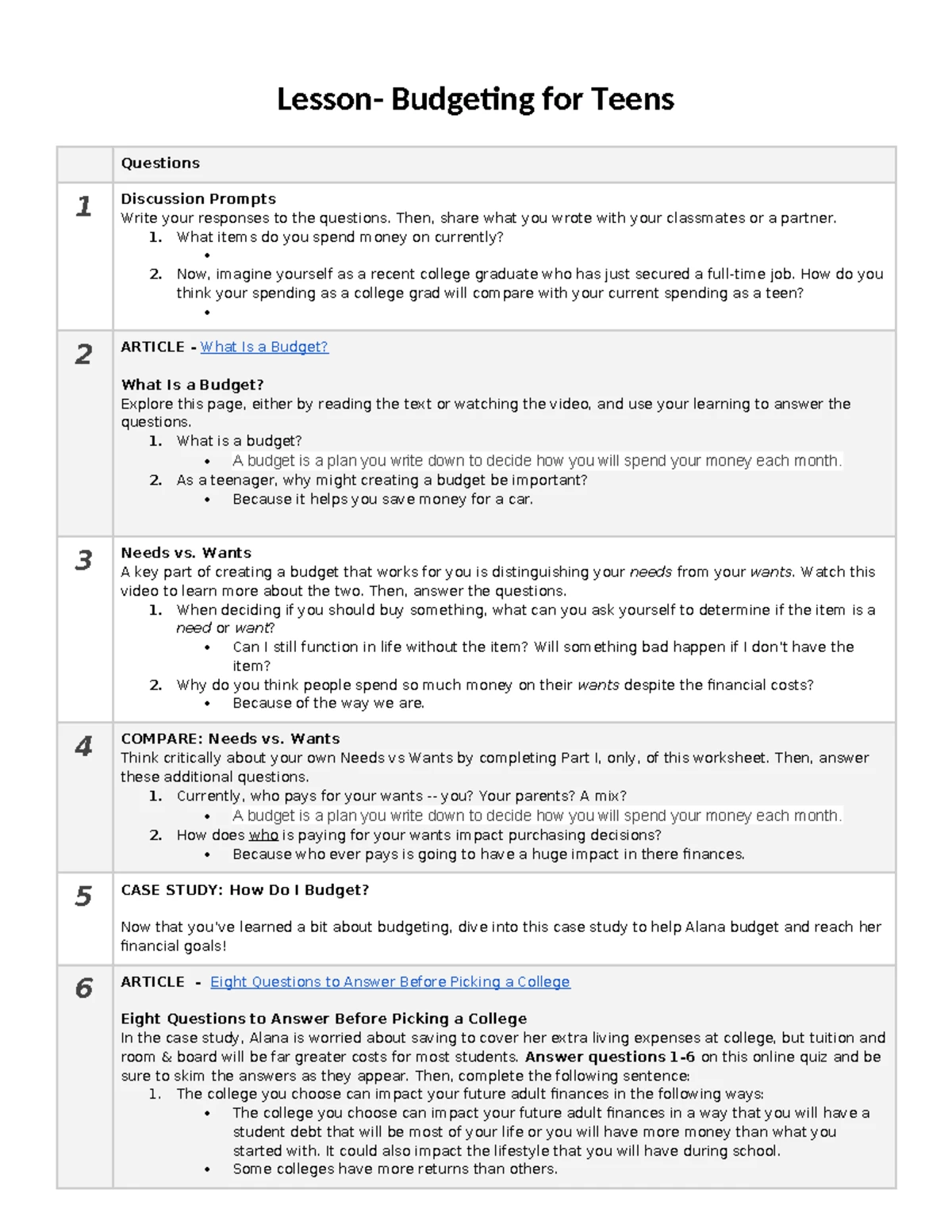 Lesson 1: Savings Basics Student Activity - Key Points & Discussions ...