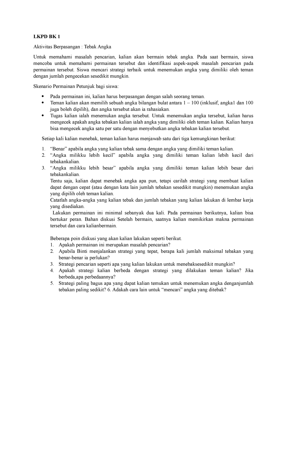 LKPD BK - Aktivitas Permainan Tebak Angka dan Kartu Angka - Studocu
