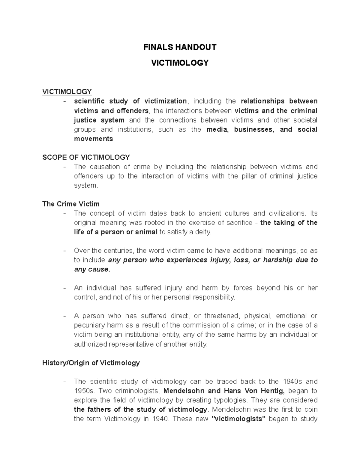 Finals Handout: Victimology Insights for Criminology Students - Studocu