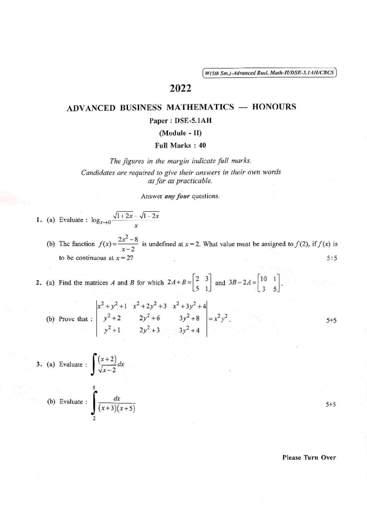 CU-2022 B. Com Advanced Business Mathematics Exam Paper - Studocu