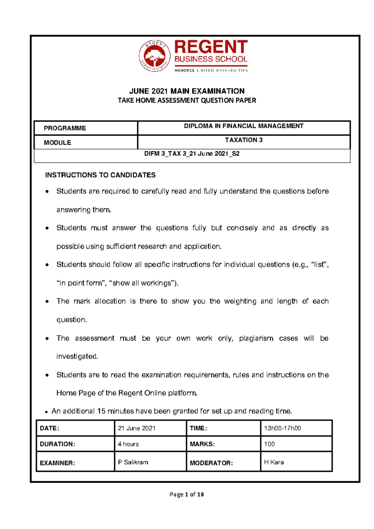 DFMT Taxation 3 - Nov 2021 Take Home Assessment Questions - Studocu