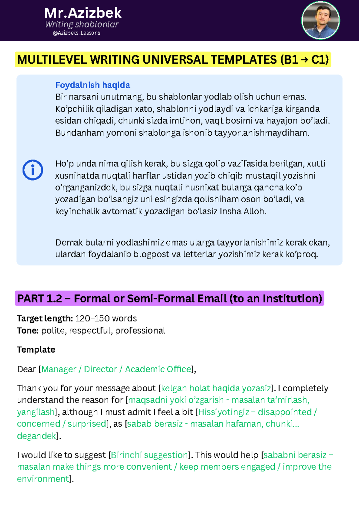 MULTILEVEL WRITING TEMPLATES (B1 C1) - Part 1 Guide - Studocu