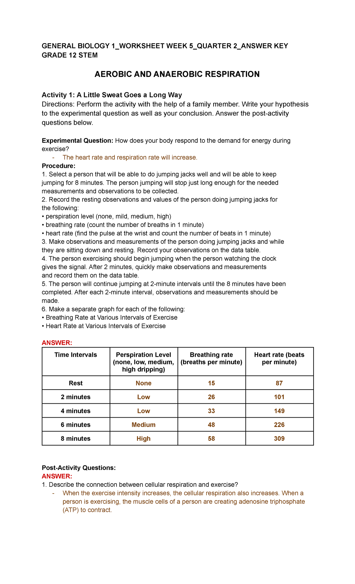 General Biology 1 Worksheet WEEK 5 Quarter 2 Answer KEY Grade 12 STEM ...