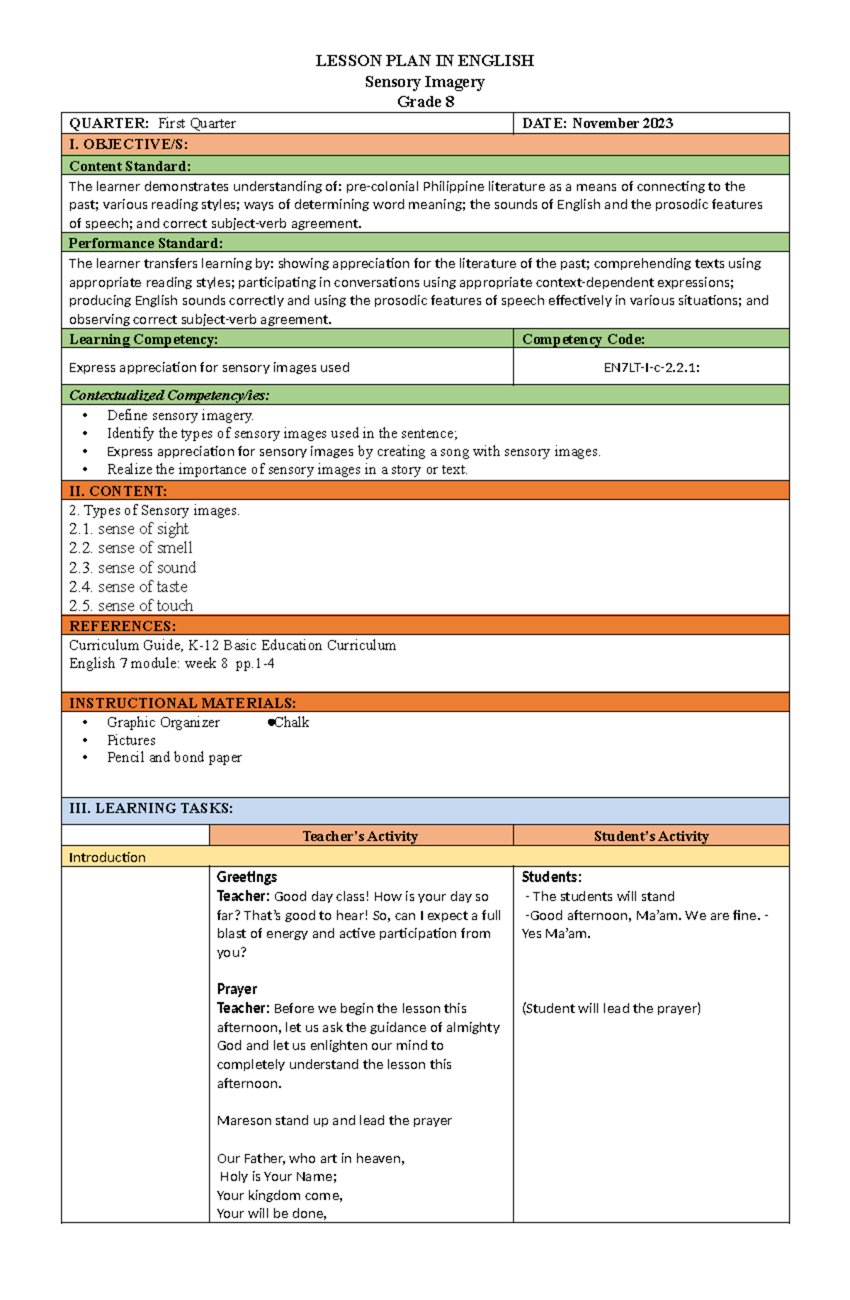 Grade 8 English Lesson Plan: Understanding Sensory Imagery - Studocu