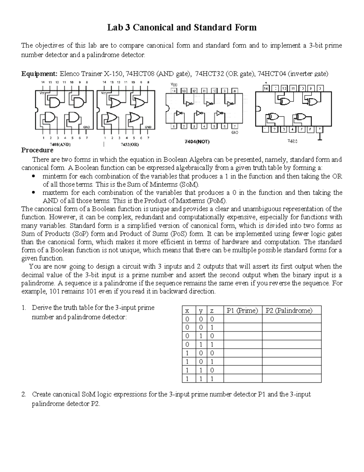 Lab 3: Canonical vs Standard Forms in Boolean Algebra Analysis - Studocu