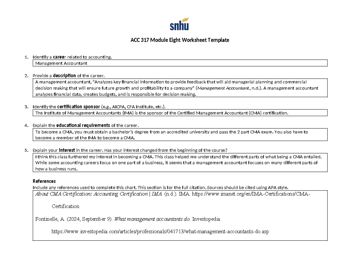 Module Eight Worksheet - Identify a career related to accounting ...