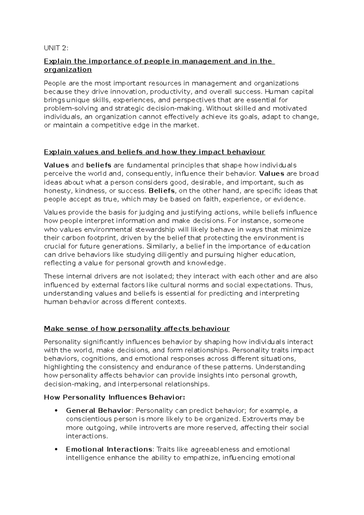 UNIT 2: The Role of People, Values, and Personality in Management - Studocu