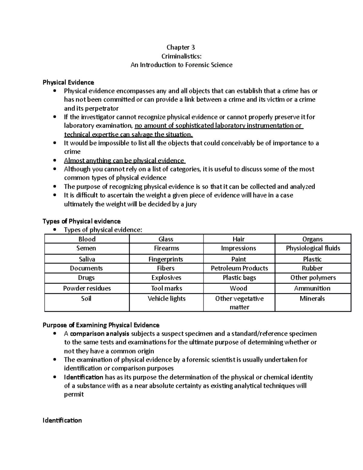 Chapter 3: Forensic Science Lecture Notes on Physical Evidence - Studocu