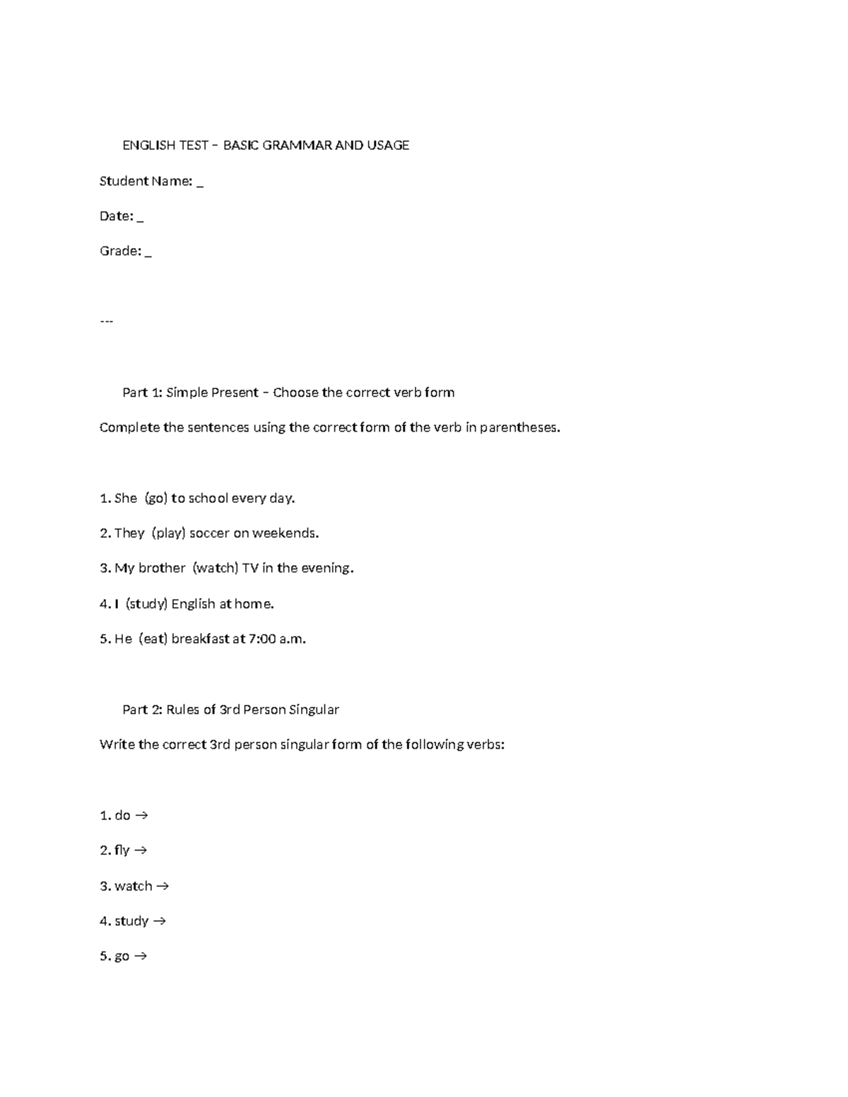ENGLISH 101: BASIC GRAMMAR TEST - SIMPLE PRESENT & USAGE - Studocu