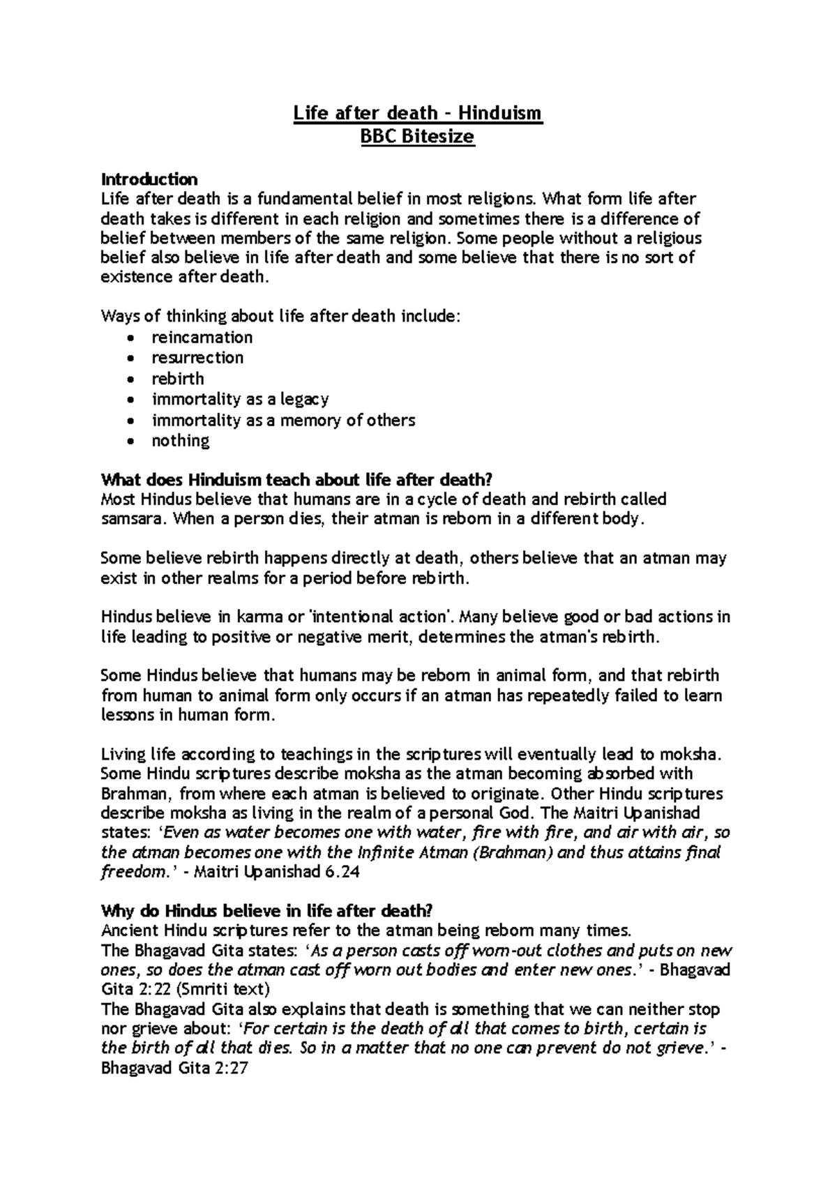 Lesson 3 - Bitesize - Hindu Life after death - Life after death ...