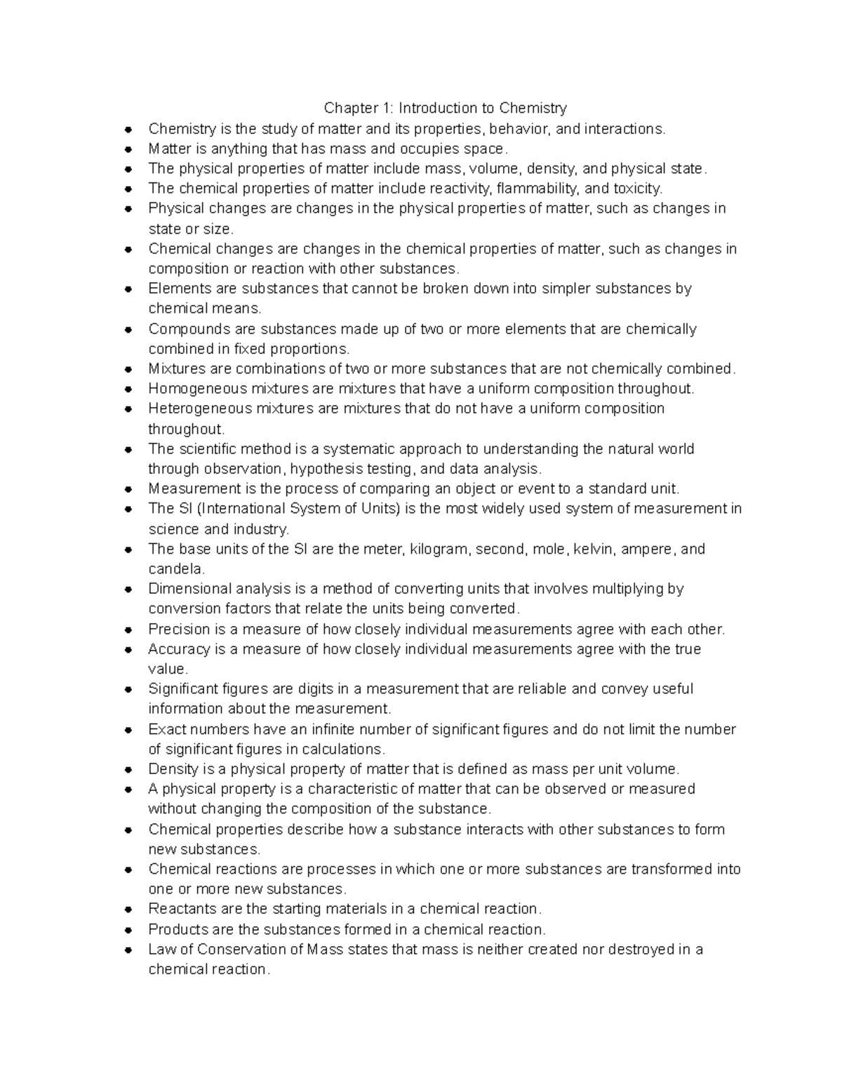 Chapter 1: Intro to Chemistry - Key Concepts & Definitions - Studocu