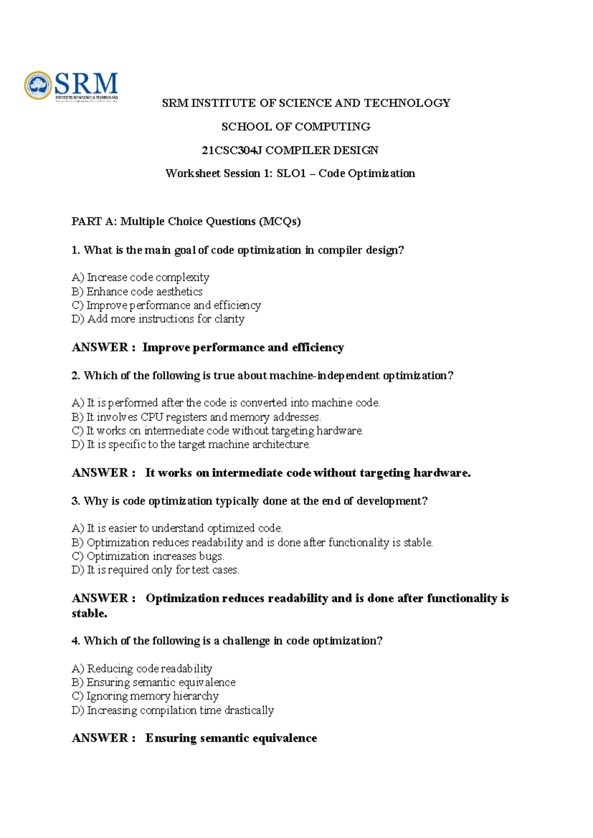 21CSC304J Compiler Design Worksheet: Code Optimization MCQs - Studocu