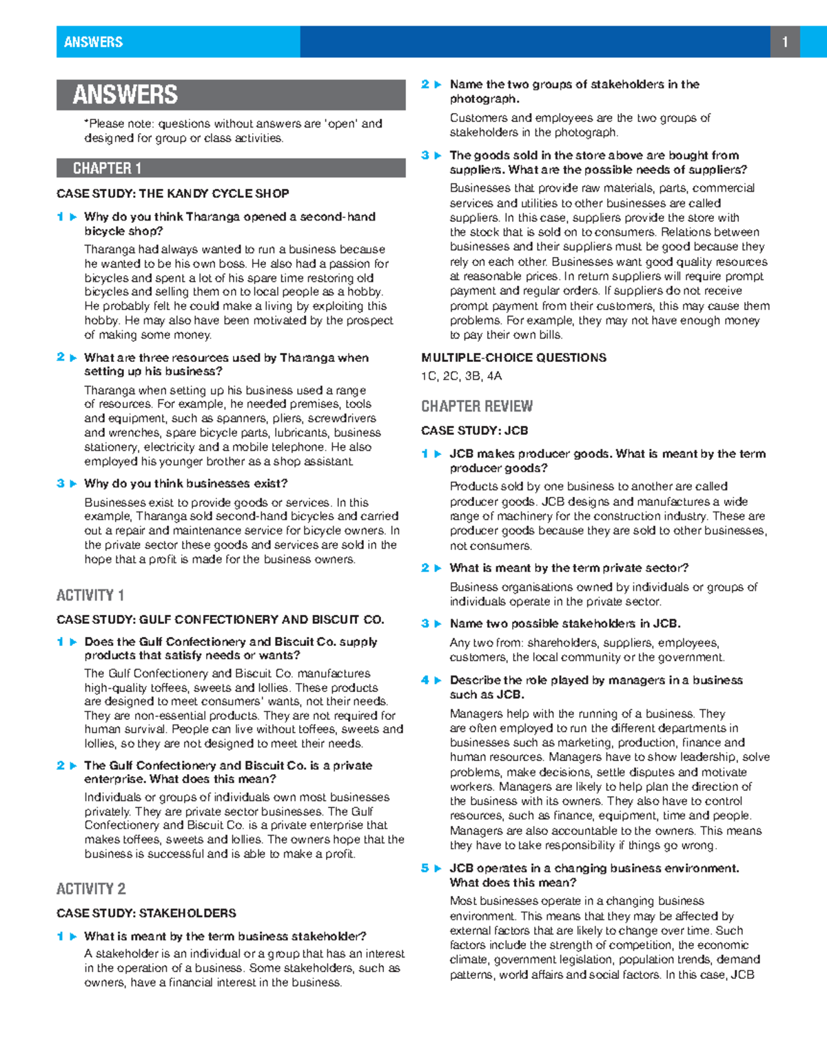 Business Answer key - 2 Name the two groups of stakeholders in the ...