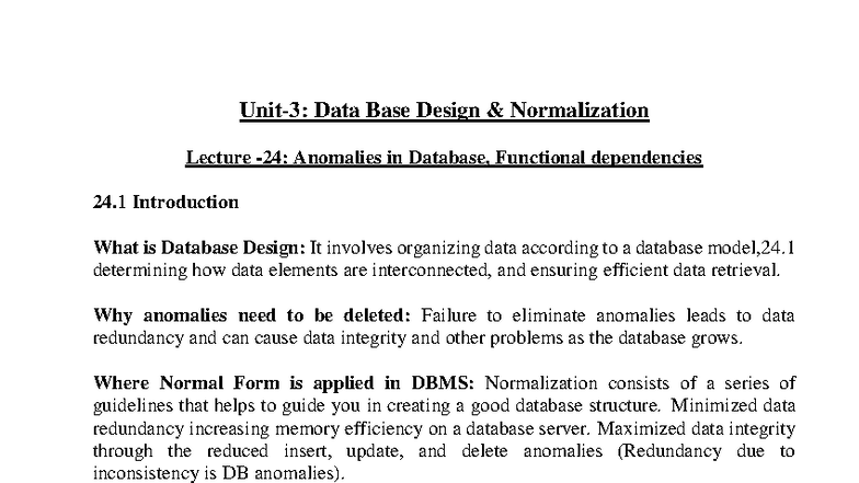 DBMS 24.1-31.1 Lecture Notes: Database Design & Normalization - Studocu