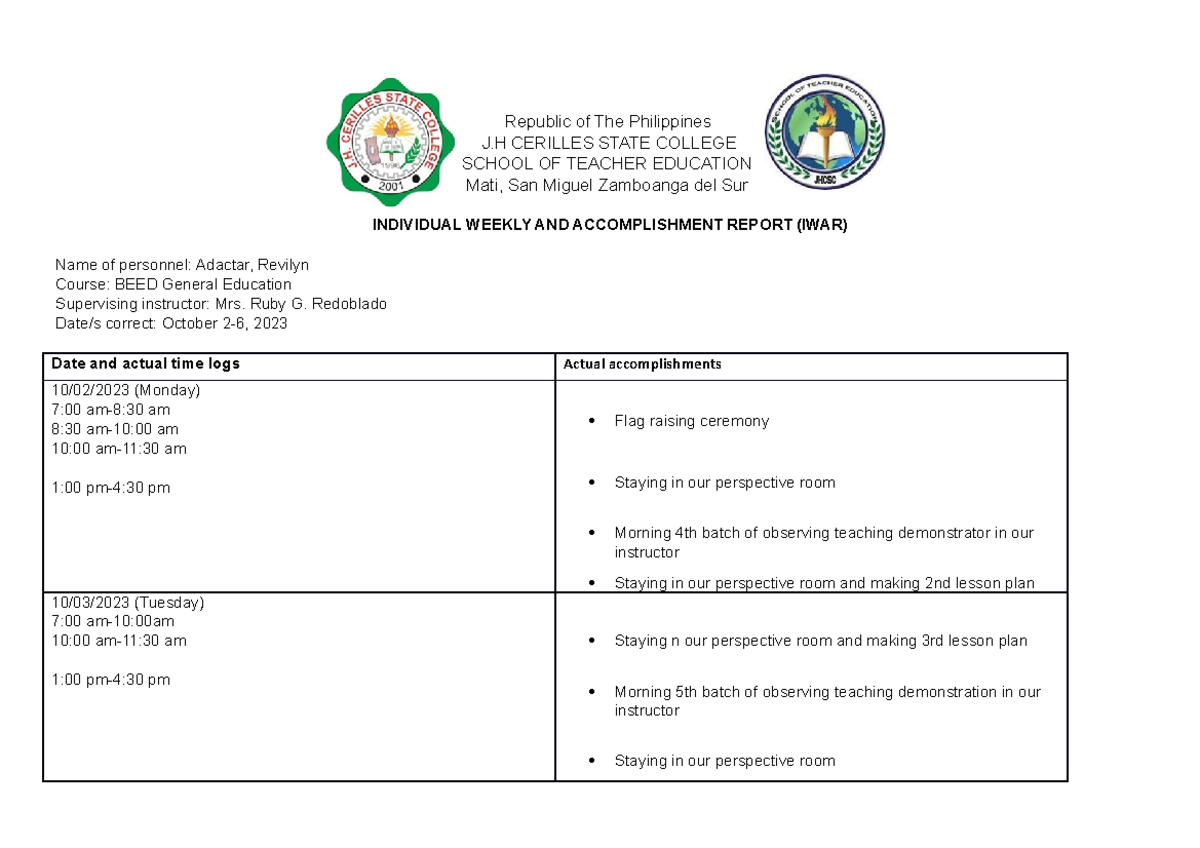 Individual Weekly Accomplishment Report (IWAR) for BEED 2023 - Studocu