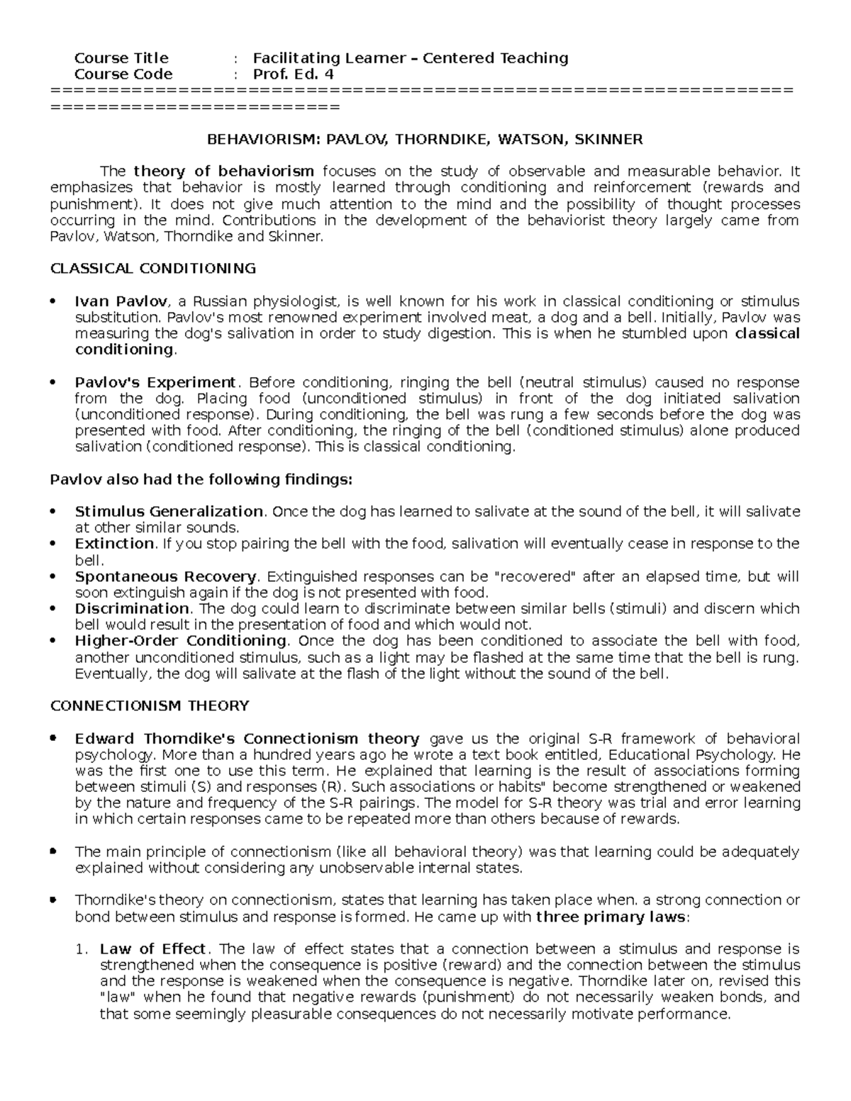 Behaviorism Theories: Pavlov, Thorndike, Watson & Skinner - Prof. Ed. 4 ...