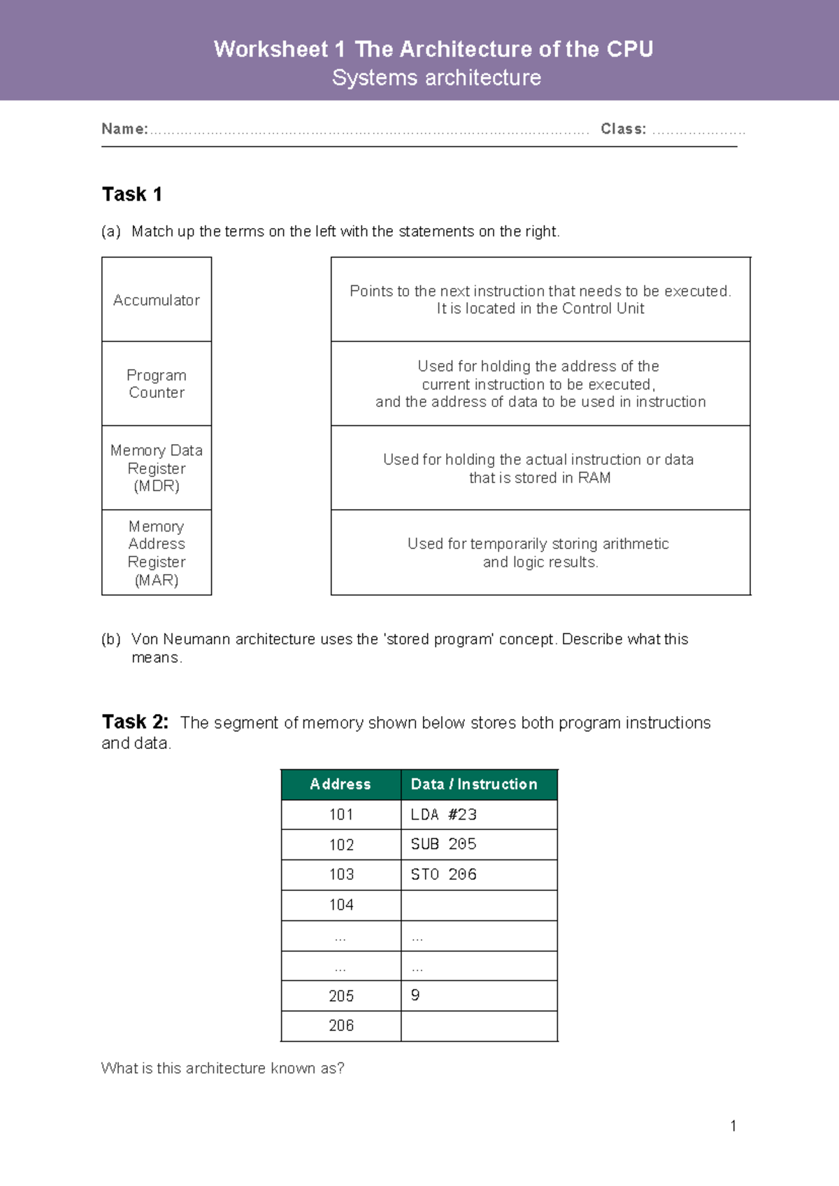 Worksheet 1 - L2: Understanding CPU Architecture Concepts - Studocu