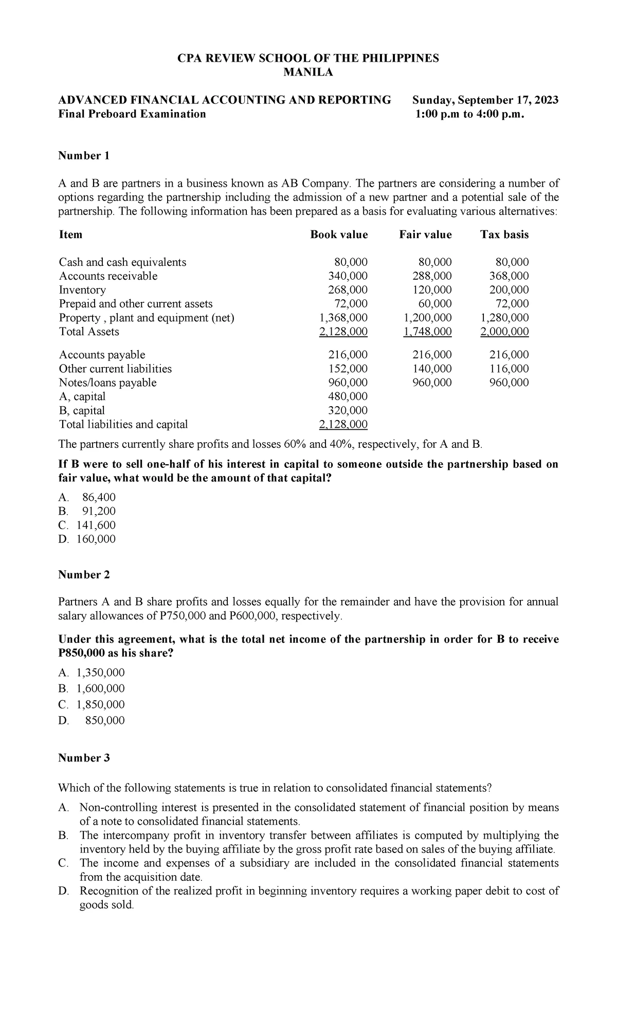 RESA 47 CPALE FAR First Pre-Board Exam Answer Key - May 2024 - Studocu