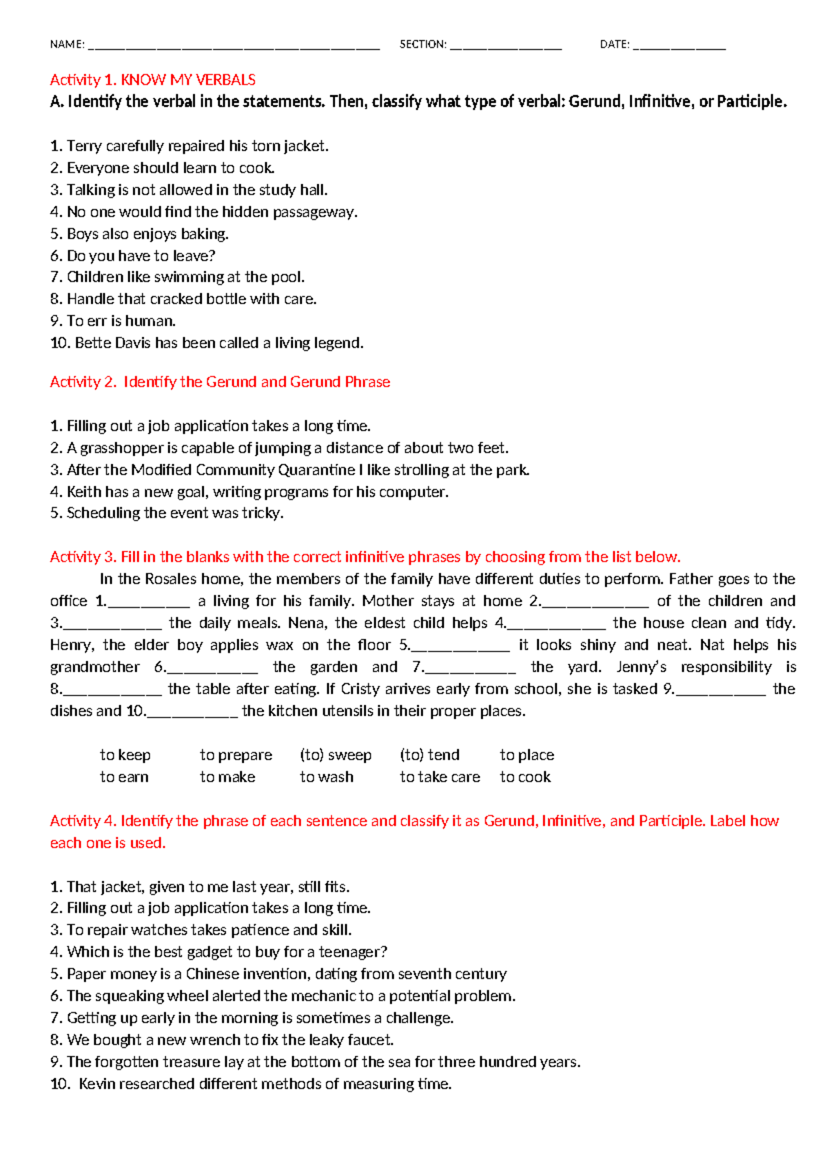 ENG101 Long Test on Verbals: Identifying and Classifying Verbals - Studocu