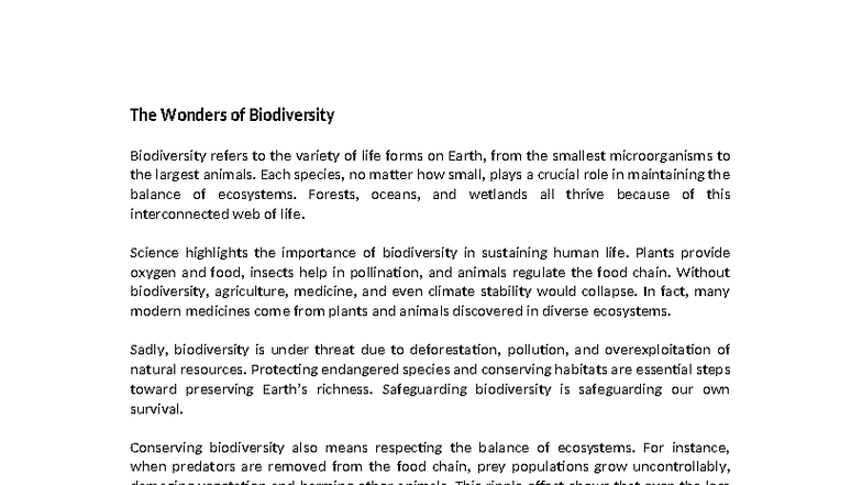 Biodiversity: The Key to Ecosystem Balance and Survival - Studocu