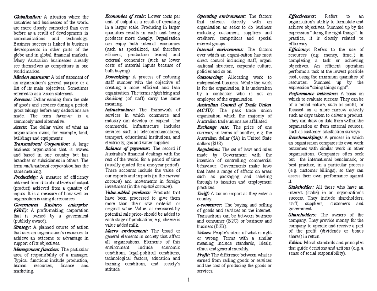 VCE Business Management 3/4 Glossary terms - Globalisation: A situation ...