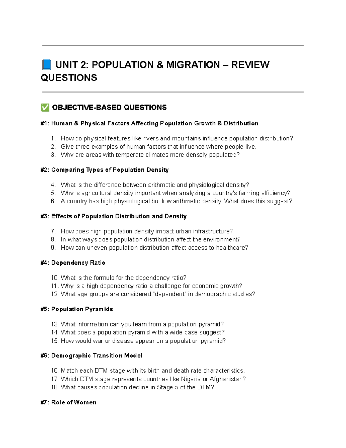 AP Human Geography Unit 2: Population & Migration Review Questions - Studocu