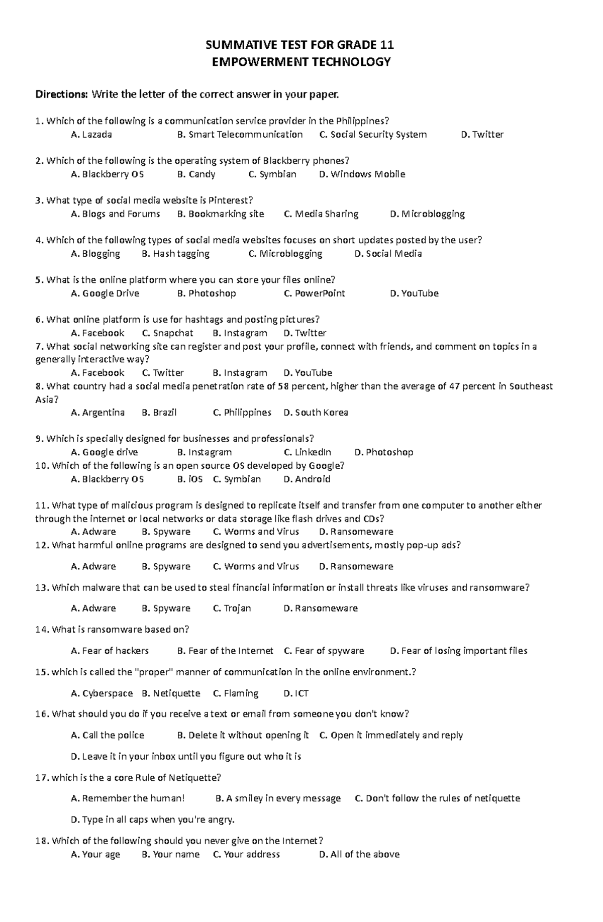 Grade 11 E-Tech Summative Test: Week 1 Assessment - Studocu