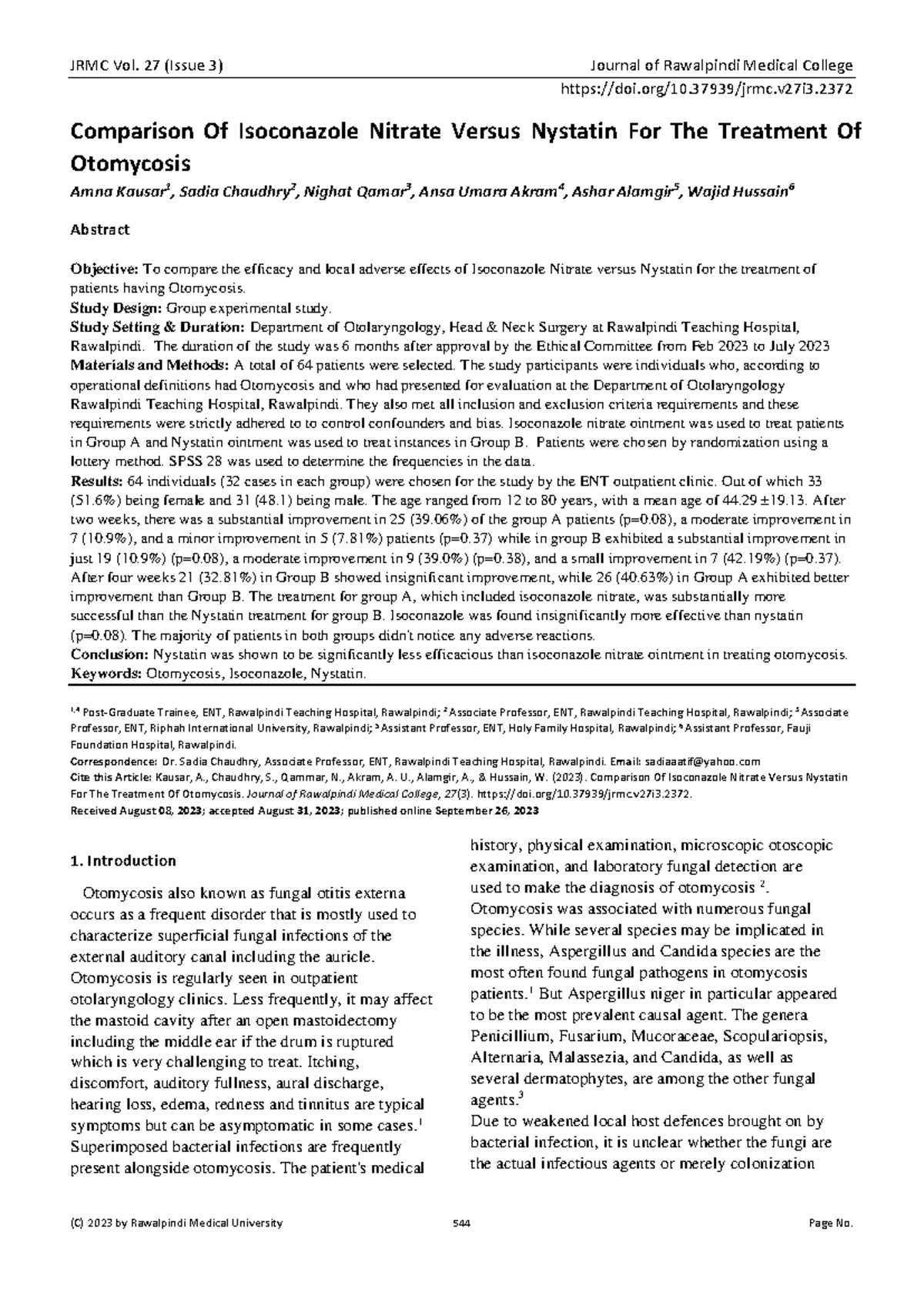JRMC 27(3): Efficacy of Isoconazole Nitrate vs Nystatin in Otomycosis ...